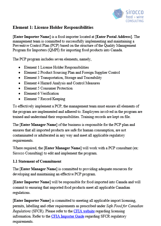 PCP Canadian Importer Plan Templates - Full Bundle - Sirocco Consulting